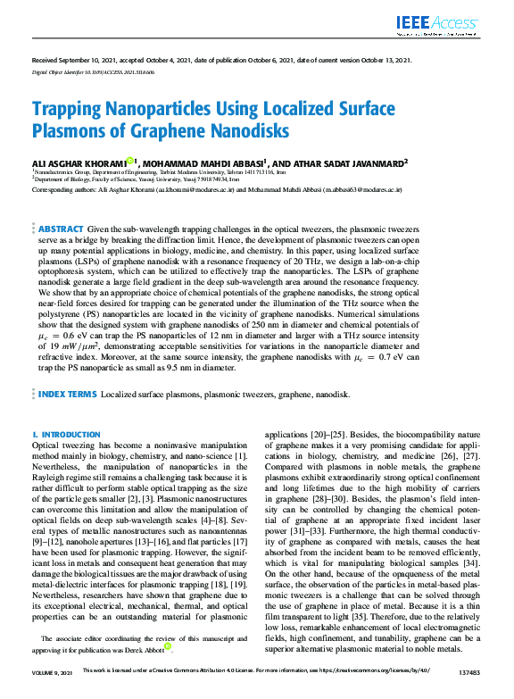 (PDF) Trapping Nanoparticles Using Localized Surface Plasmons of Graphene Nanodisks