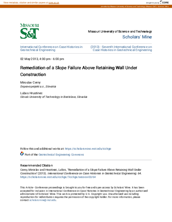 (PDF) Remediation of a Slope Failure Above Retaining Wall Under ...