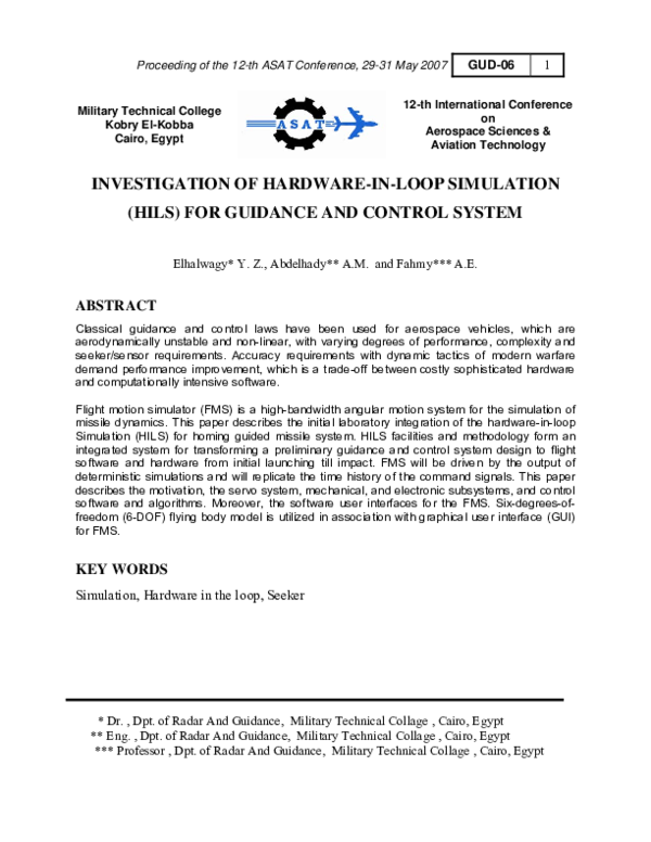 Pdf Investigation Of Hardware In Loop Simulation Hils For Guidance And Control System 8897