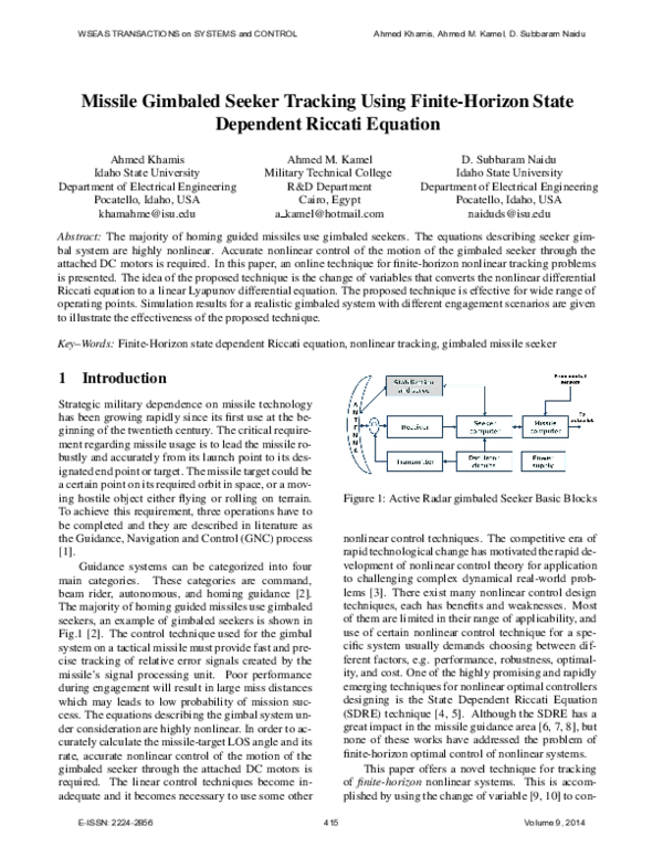 (PDF) Missile Gimbaled Seeker Tracking Using Finite-Horizon State Dependent Riccati Equation