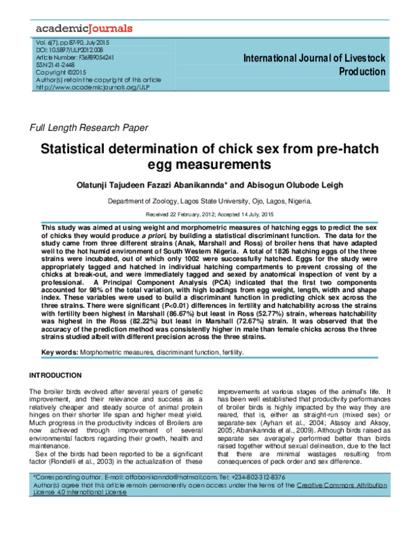 Pdf Statistical Determination Of Chick Sex From Pre Hatch Egg Measurements