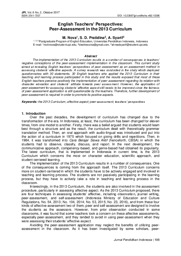 (PDF) English Teachers’ Perspectives: Peer-Assessment In 2013 Curriculum