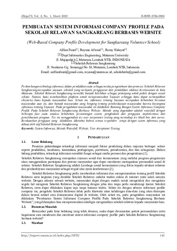 (PDF) Pembuatan Sistem Informasi Company Profile Pada Sekolah Relawan Sangkareang Berbasis Website