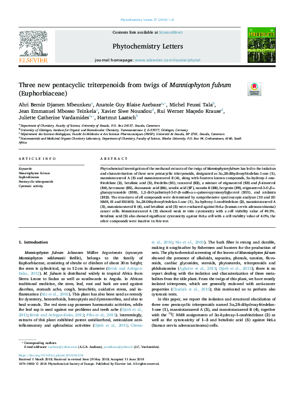 (PDF) Three new pentacyclic triterpenoids from twigs of Manniophyton ...