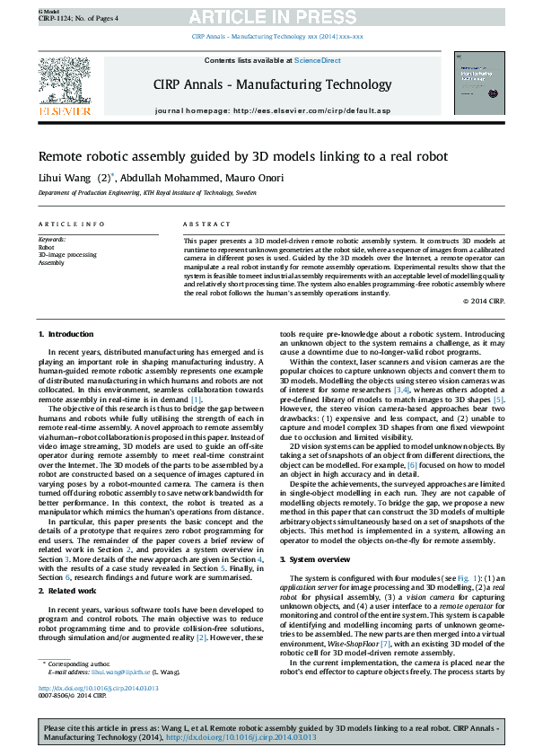 (PDF) Remote robotic assembly guided by 3D models linking to a real robot