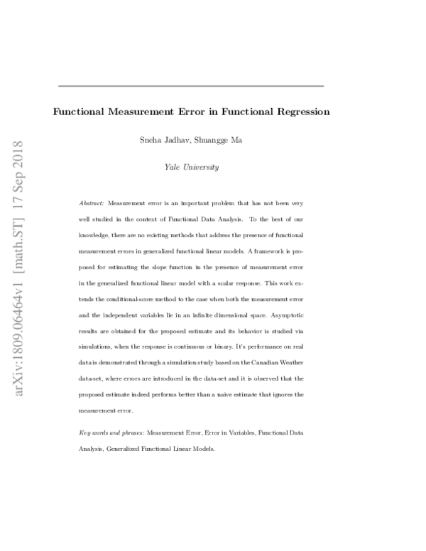 Pdf Functional Measurement Error In Functional Regression