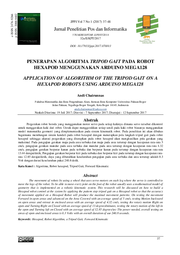 (PDF) Penerapan Algoritma Tripod Gait pada Robot Hexapod Menggunakan Arduino Mega128