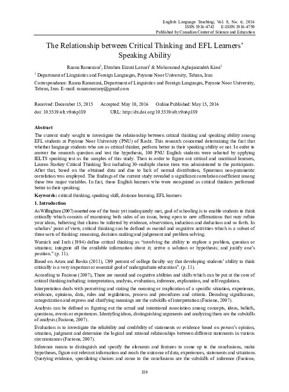 (PDF) The Relationship between Critical Thinking and EFL Learner's Reading Comprehension Ability