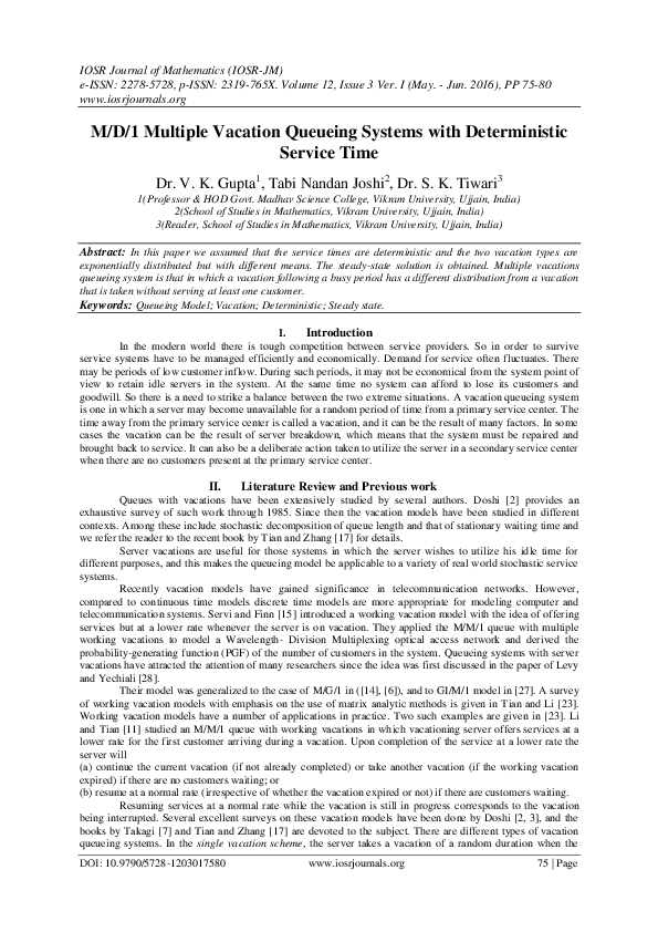 (PDF) M / D / 1 Multiple Vacation Queueing Systems with Deterministic Service Time