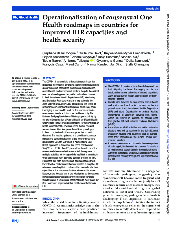 (PDF) Operationalisation of consensual One Health roadmaps in countries ...