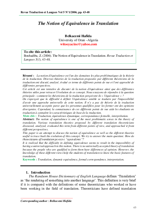 Pdf The Notion Of Equivalence In Translation