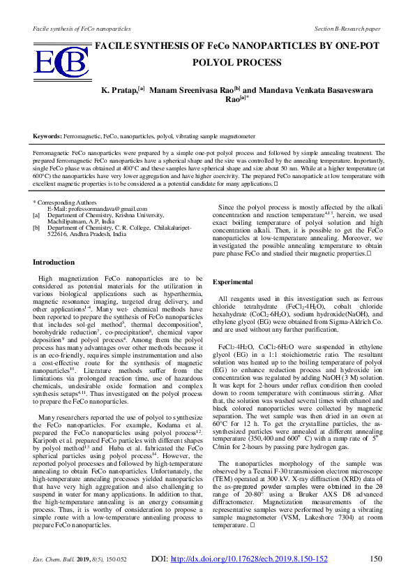 (PDF) Facile Synthesis of Feco Nanoparticles by One-Pot Polyol Process