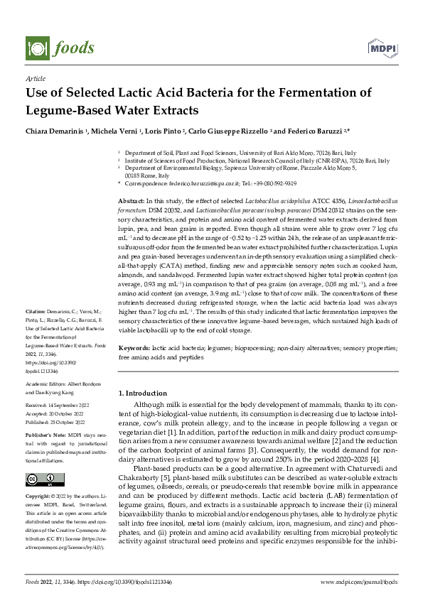 (PDF) Use of Selected Lactic Acid Bacteria for the Fermentation of Legume-Based Water Extracts