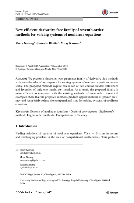 Pdf New Efficient Derivative Free Family Of Seventh Order Methods For