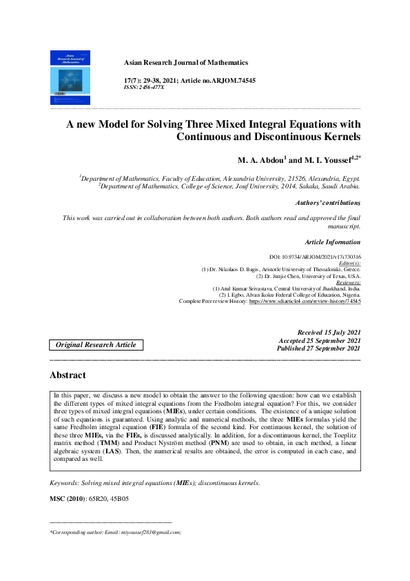 (PDF) A new Model for Solving Three Mixed Integral Equations with Continuous and Discontinuous ...