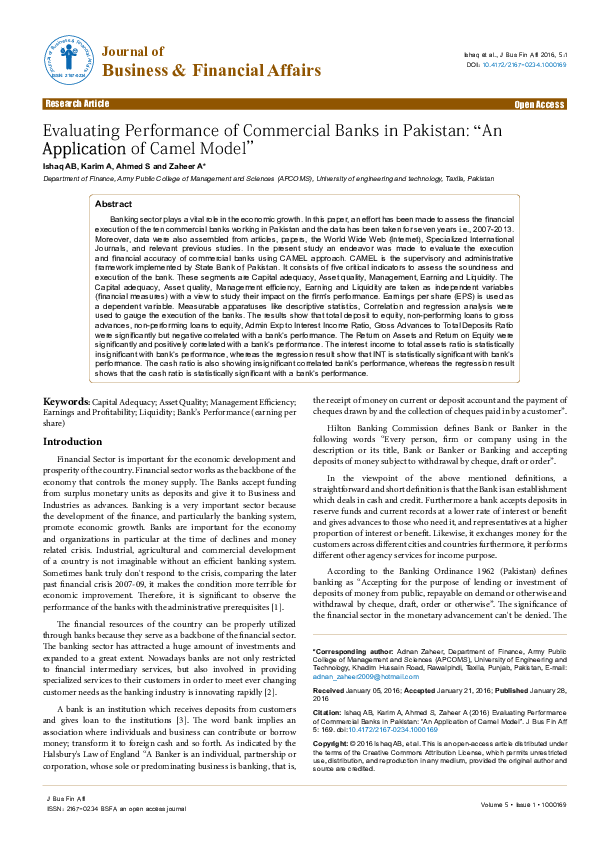 (PDF) Evaluating Performance of Commercial Banks in Pakistan: 'An ...