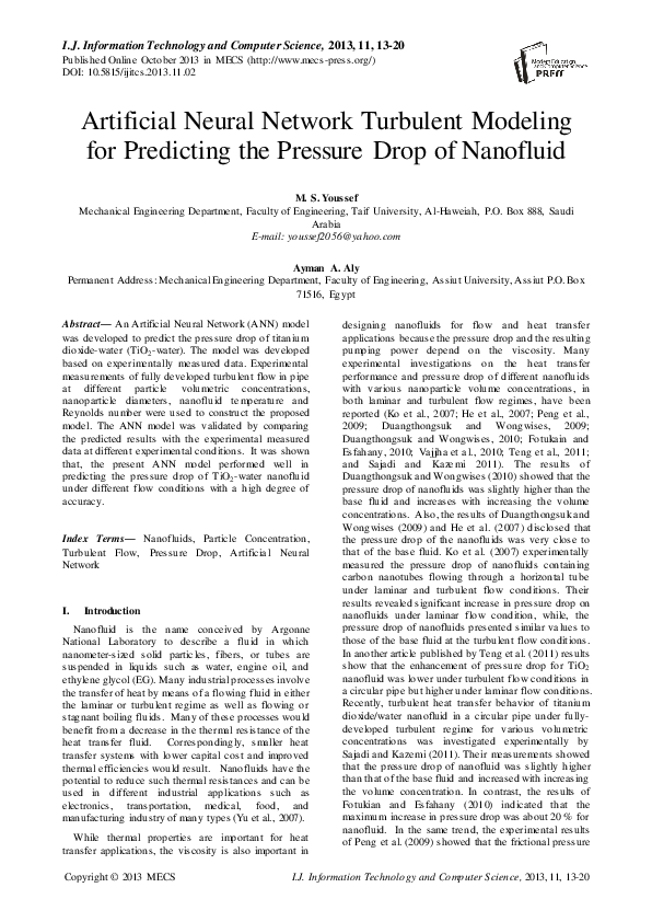 (PDF) Artificial Neural Network Turbulent Modeling for Predicting the Pressure Drop of Nanofluid