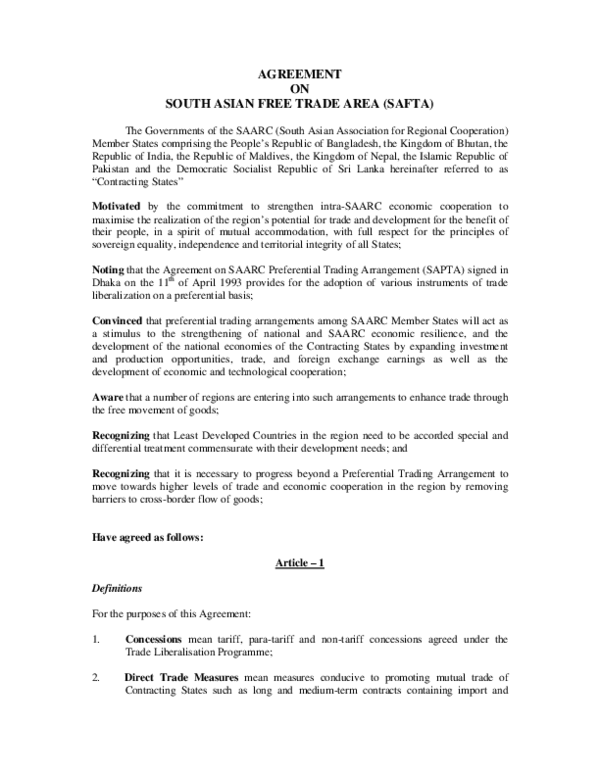 (PDF) Annexes A Agreement on South Asian Free Trade Area (SAFTA)