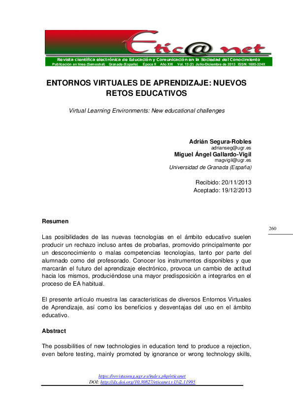 (PDF) Entornos Virtuales de Aprendizaje: nuevos retos educativos