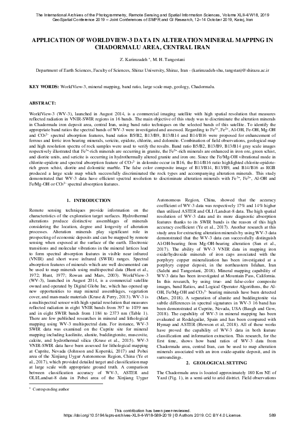 (PDF) Application of WORLDVIEW-3 Data in Alteration Mineral Mapping in Chadormalu Area, Central Iran