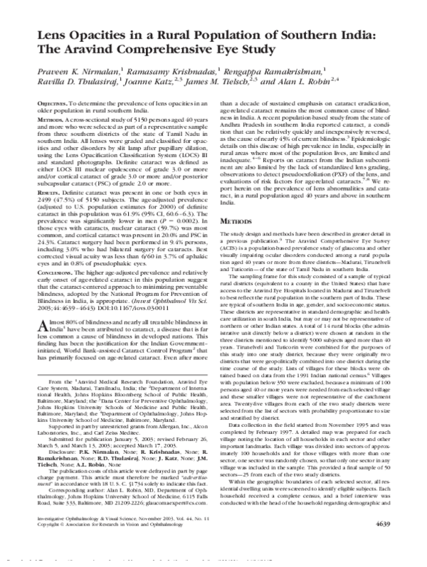 (PDF) Lens Opacities in a Rural Population of Southern India: The ...