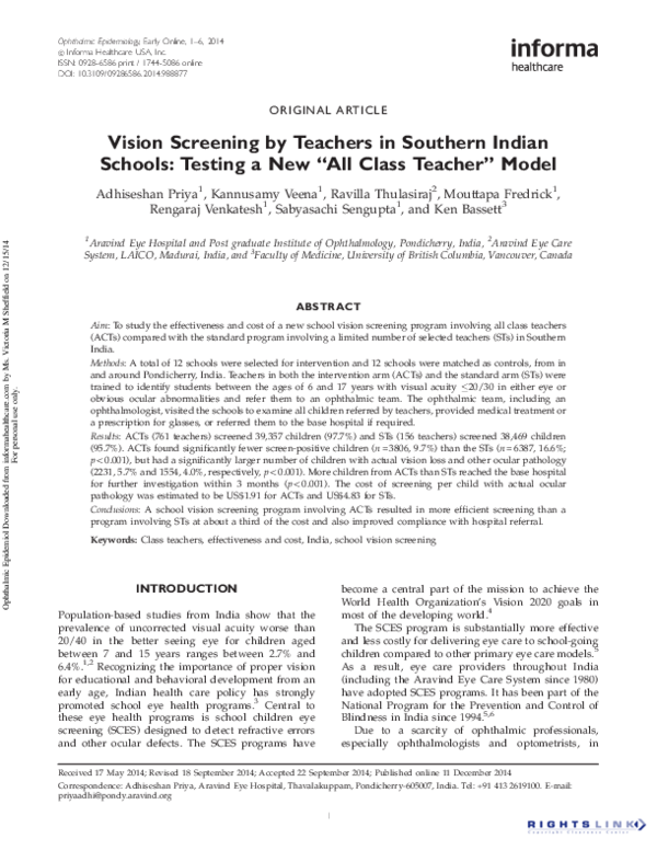 (PDF) Vision Screening by Teachers in Southern Indian Schools: Testing ...