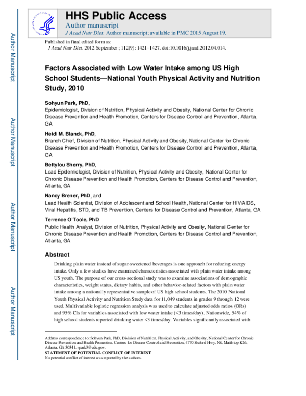 (PDF) Factors Associated with Low Water Intake among US High School ...