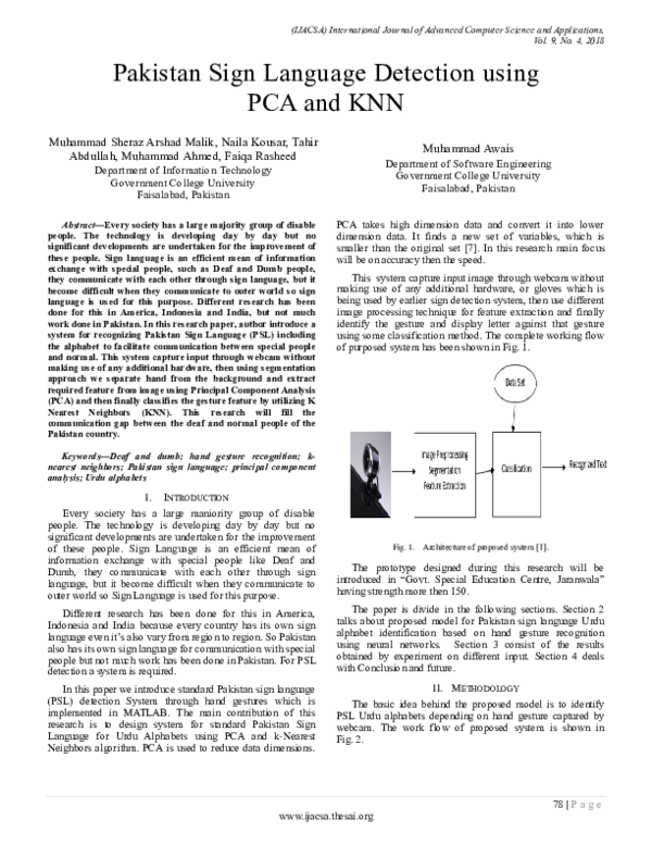 (PDF) Pakistan Sign Language Detection using PCA and KNN