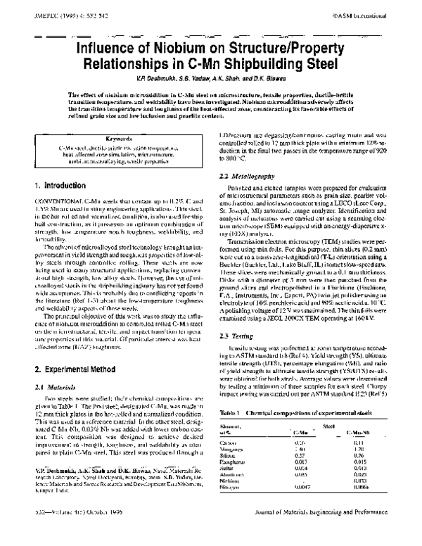 (PDF) Influence of niobium on structure/property relationships in C-Mn shipbuilding steel