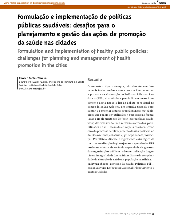 (PDF) Formulation and implementation of healthy public policies ...