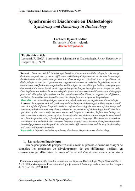 (PDF) Synchronie et Diachronie en Dialectologie Synchrony and Diachrony ...