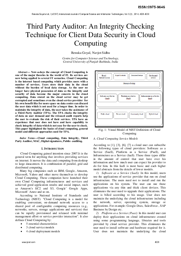 (PDF) Third Party Auditor: An integrity checking Technique for Client Data Security in Cloud ...