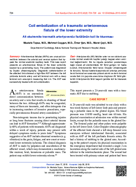 (PDF) Coil embolization of a traumatic arteriovenous fistula of the ...