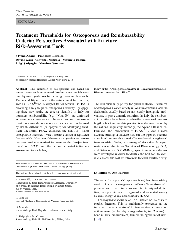 (PDF) Treatment Thresholds for Osteoporosis and Reimbursability ...