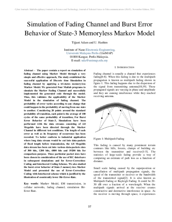 (PDF) Simulation of Fading Channel and Burst Error Behavior of State-3 Memoryless Markov Model