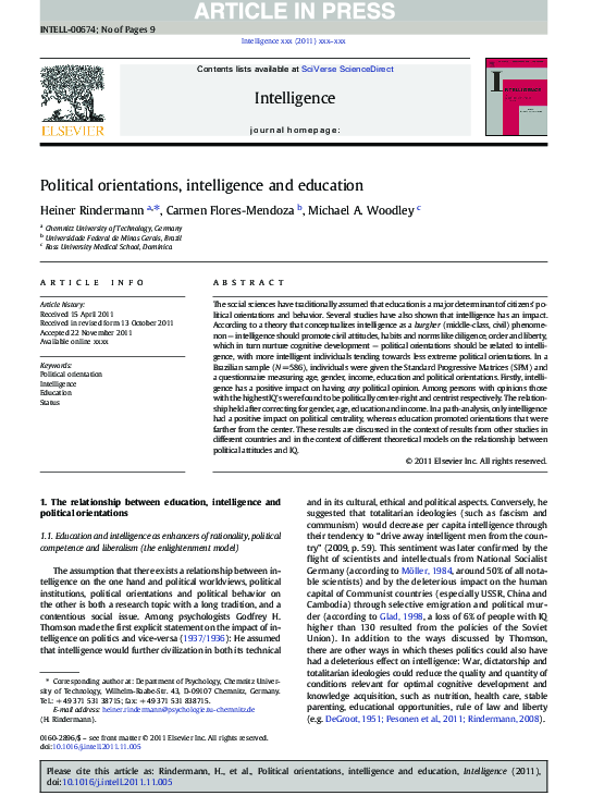 (PDF) Political orientations, intelligence and education