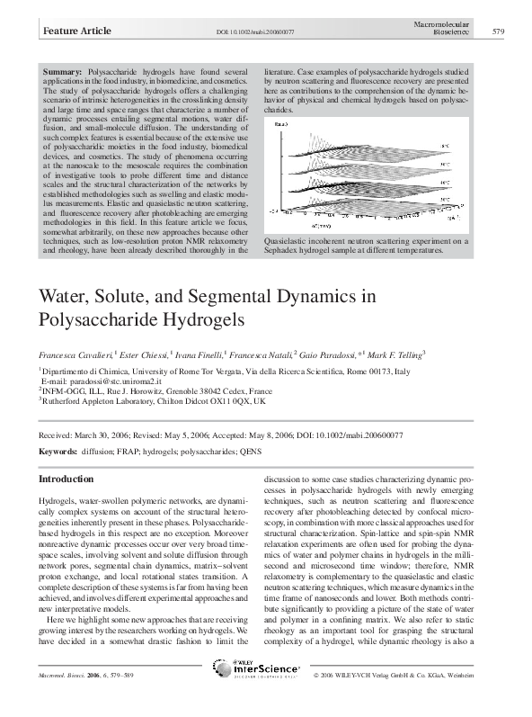 (PDF) Water, Solute, and Segmental Dynamics in Polysaccharide Hydrogels | Francesca Cavalieri ...
