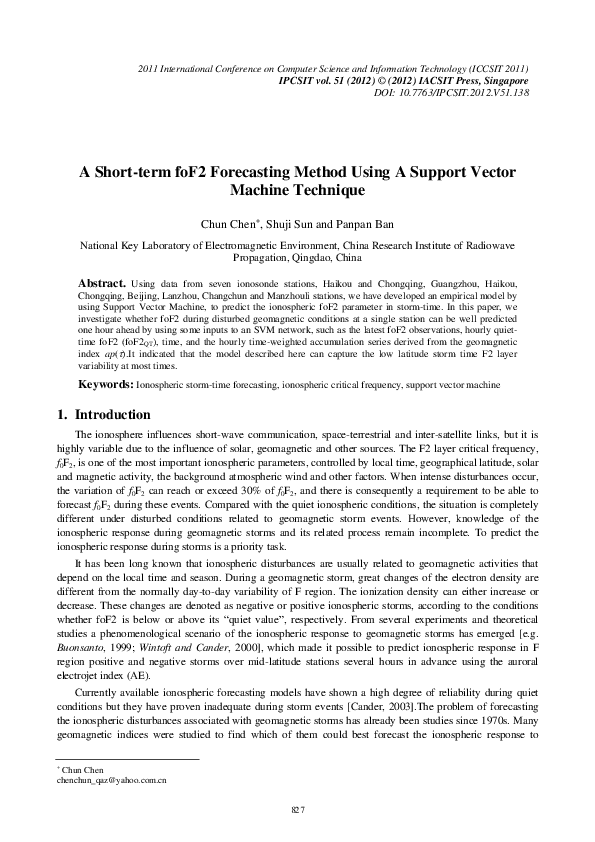 (PDF) A Short-term foF2 Forecasting Method Using A Support Vector Machine Technique