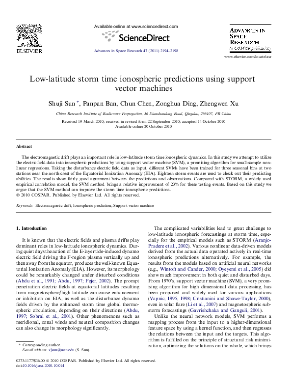 (PDF) Low-latitude storm time ionospheric predictions using support vector machines