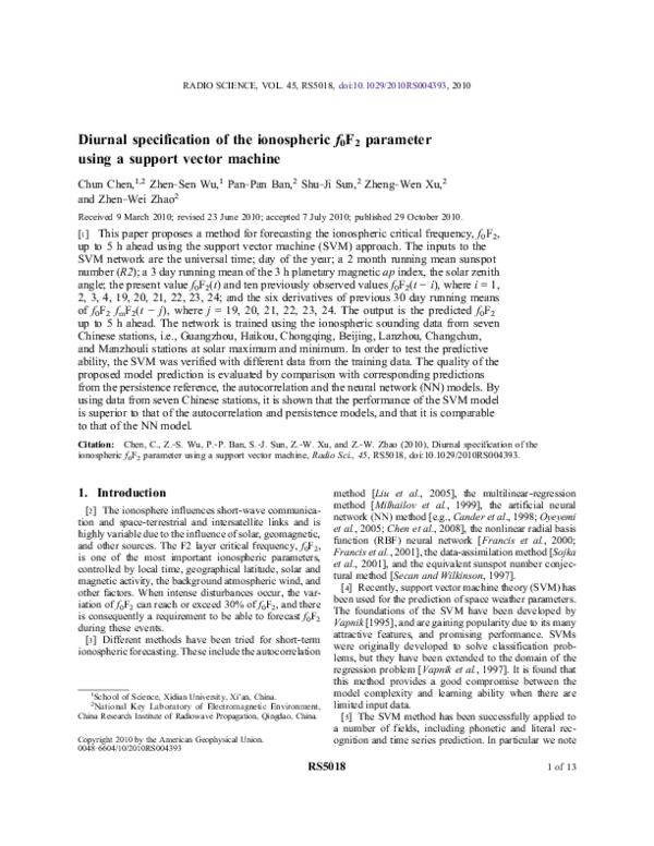 (PDF) Diurnal specification of the ionospheric f 0 F 2 parameter using a support vector machine