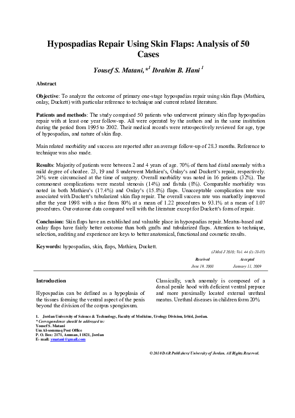 (PDF) Hypospadias Repair Using Skin Flaps: Analysis of 50 Cases