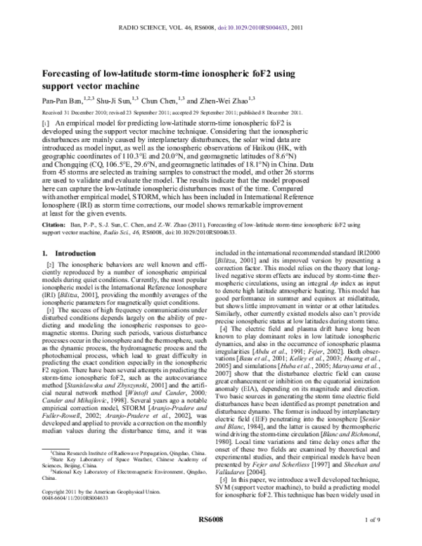 (PDF) Forecasting of low-latitude storm-time ionospheric foF2 using support vector machine