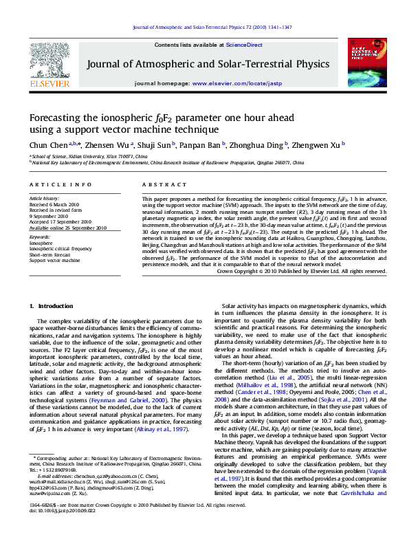 (PDF) Forecasting the ionospheric f0F2 parameter one hour ahead using a support vector machine ...
