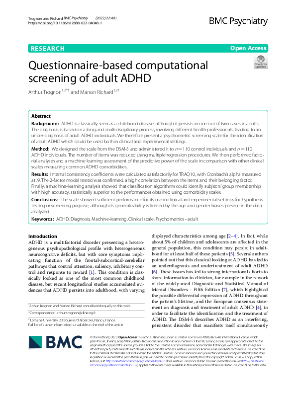 (PDF) Questionnaire-based computational screening of adult ADHD