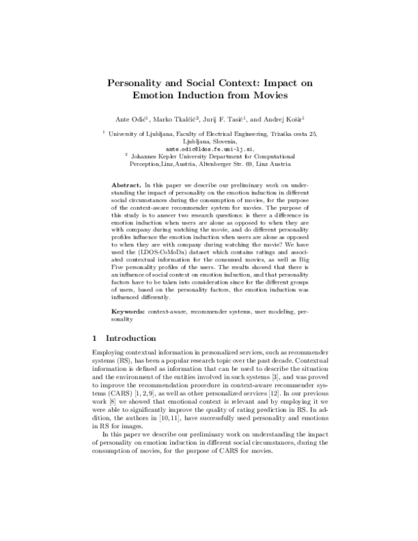 (PDF) Personality and Social Context : Impact on Emotion Induction from Movies | Jurij Franc ...