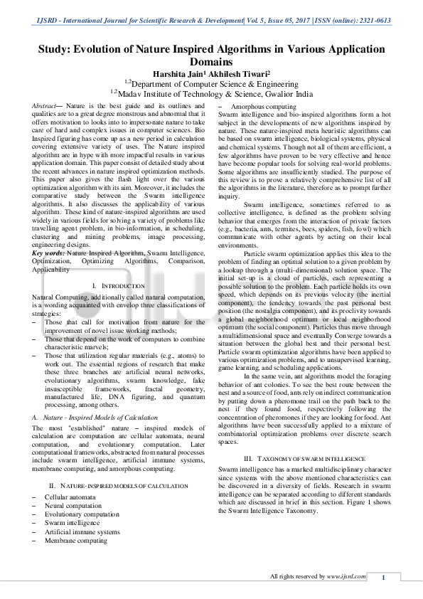 (PDF) Study : Evolution of Nature Inspired Algorithms in Various Application Domains