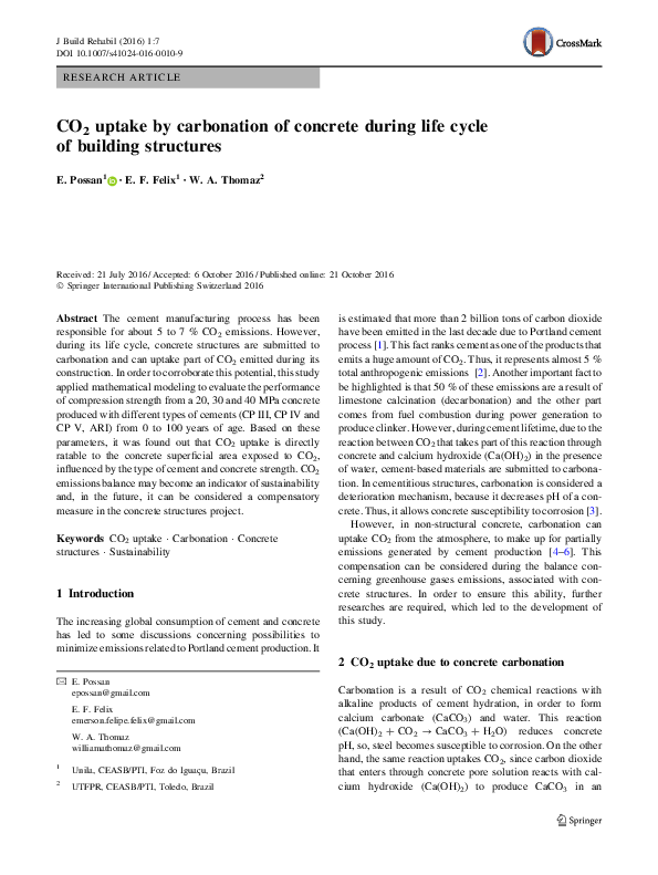 (PDF) CO2 uptake by carbonation of concrete during life cycle of building structures