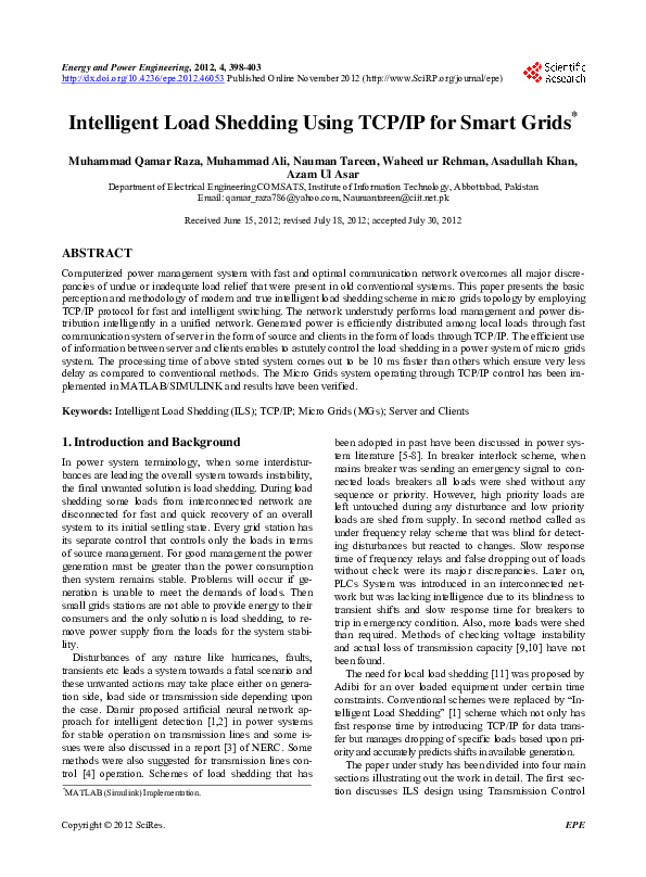 (PDF) Intelligent Load Shedding Using TCP/IP for Smart Grids