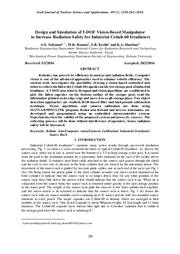 (PDF) Design and Simulation of 5-DOF Vision-Based Manipulator to Increase Radiation Safety for ...