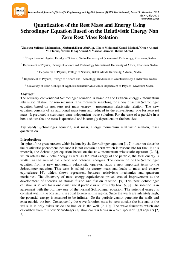 Pdf Quantization Of The Rest Mass And Energy Using Schrodinger Equation Based On The